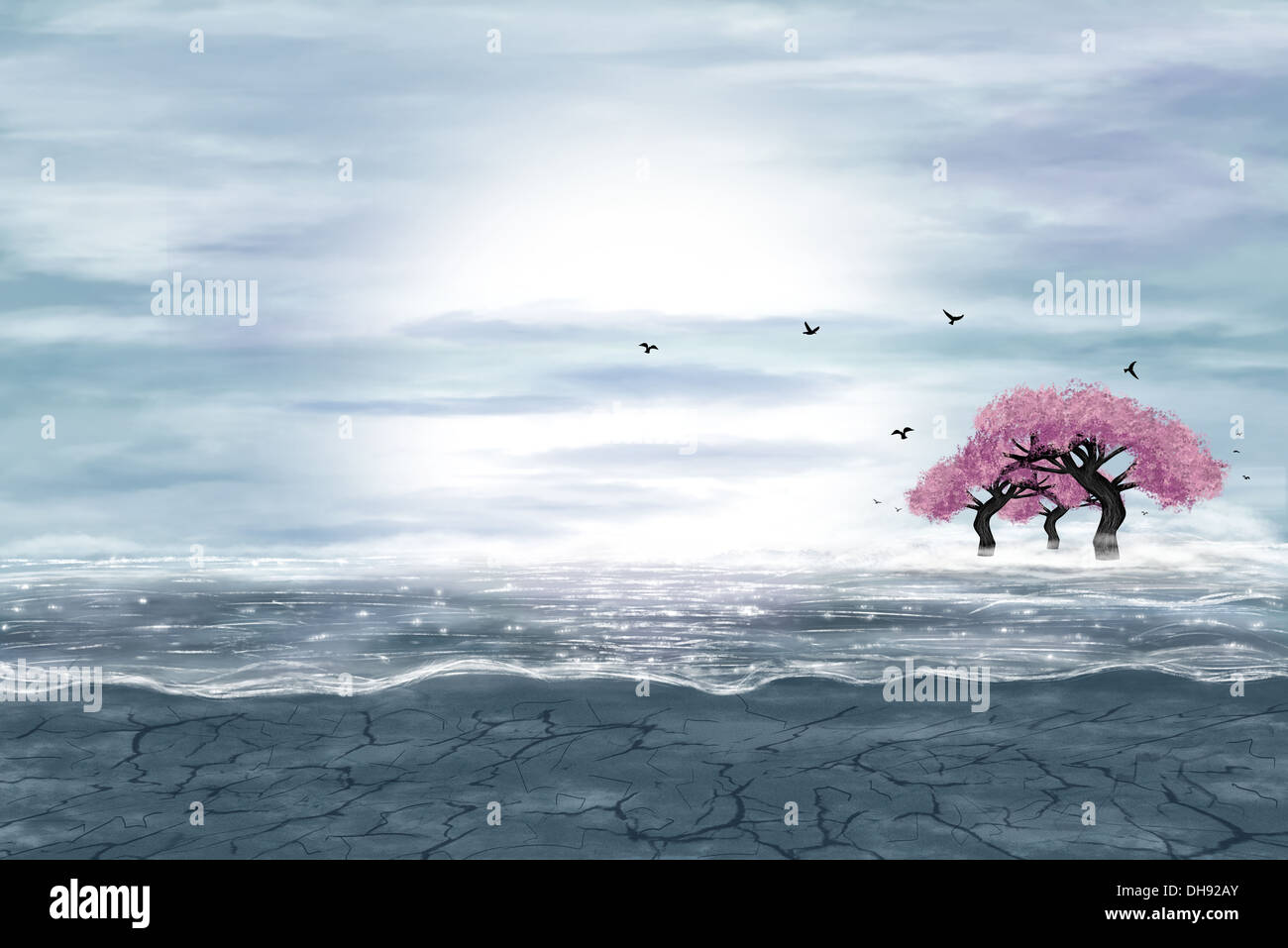 Fantasy landscape in blue and gray colors. A water in a desert, and ...