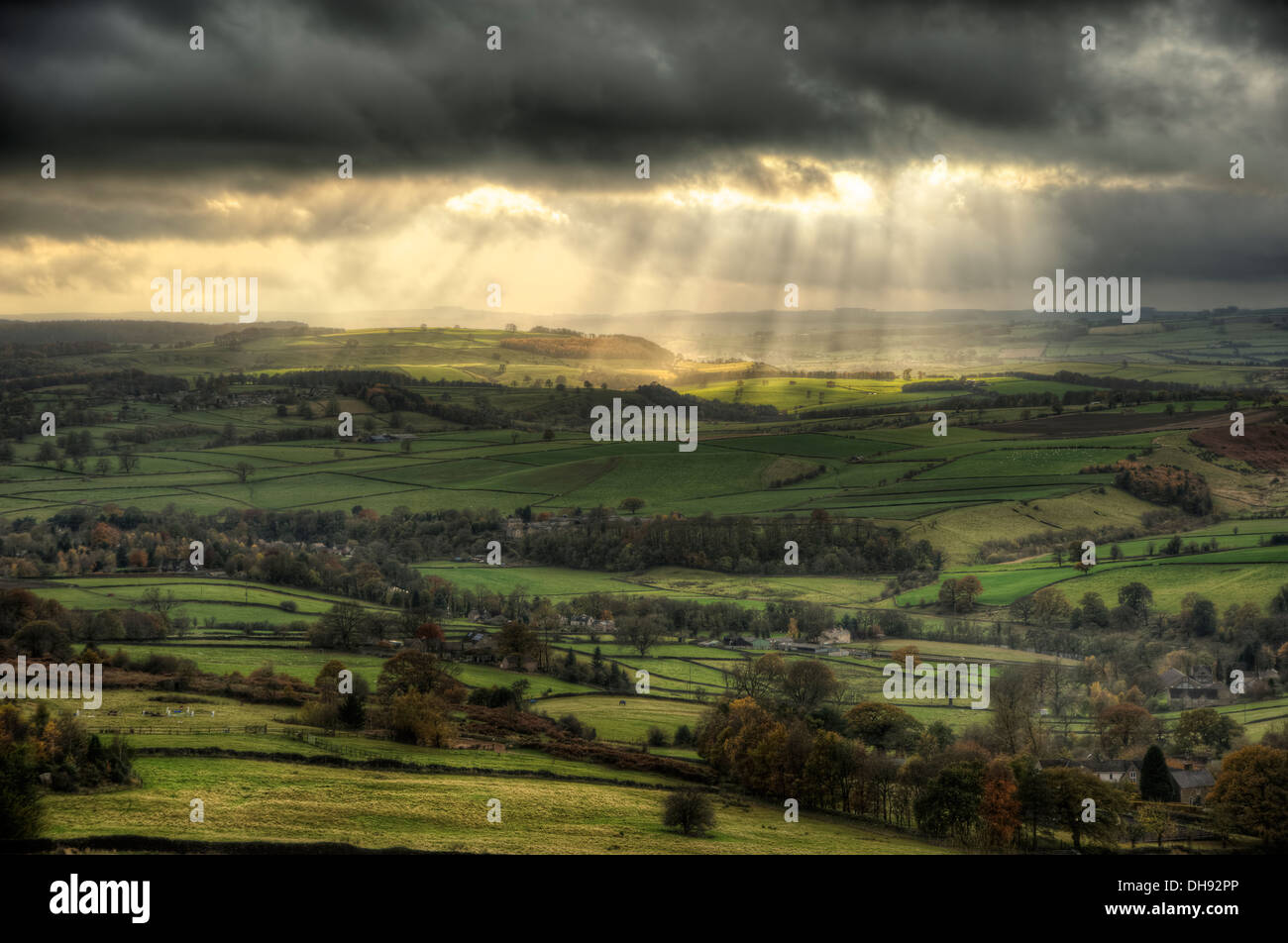 Sunbeams over Big Moor landscape in Peak District in Autumn Stock Photo ...