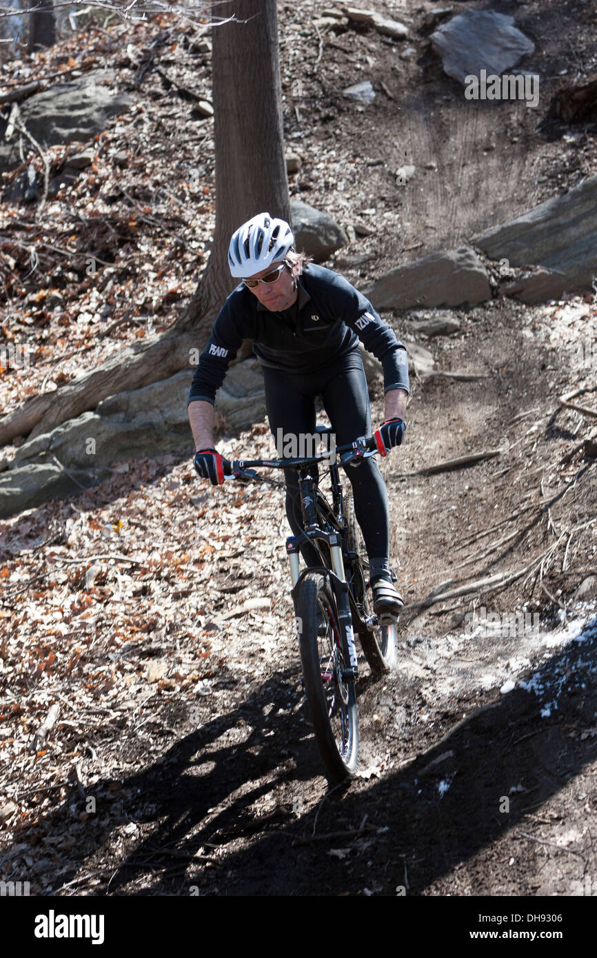 Man riding a mountain bike through the forest Stock Photo - Alamy