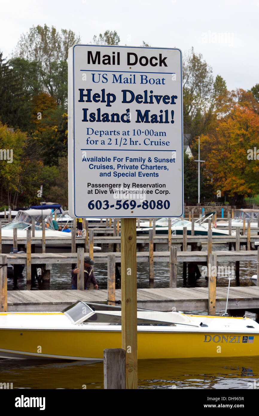 The sign for the Mail Dock at Wolfeboro, on Lake Winnipesaukee in New ...
