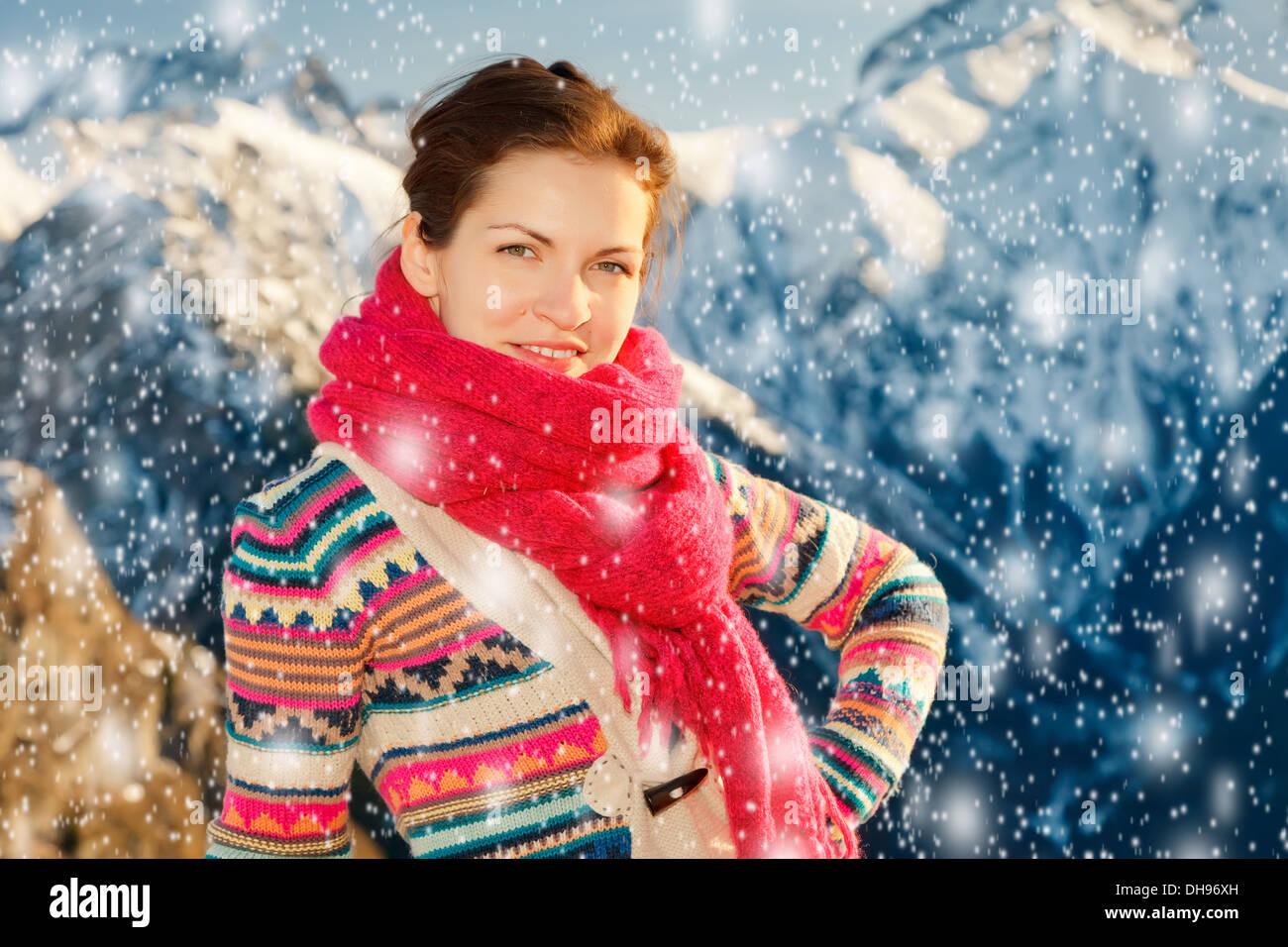 Attractive girl in snowy winter Alps Stock Photo - Alamy