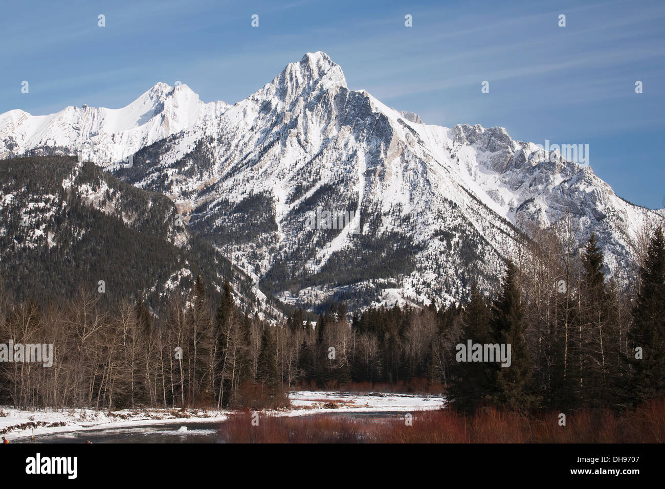 Snow Covered Mountain With River Valley And Blue Sky And Clouds ...