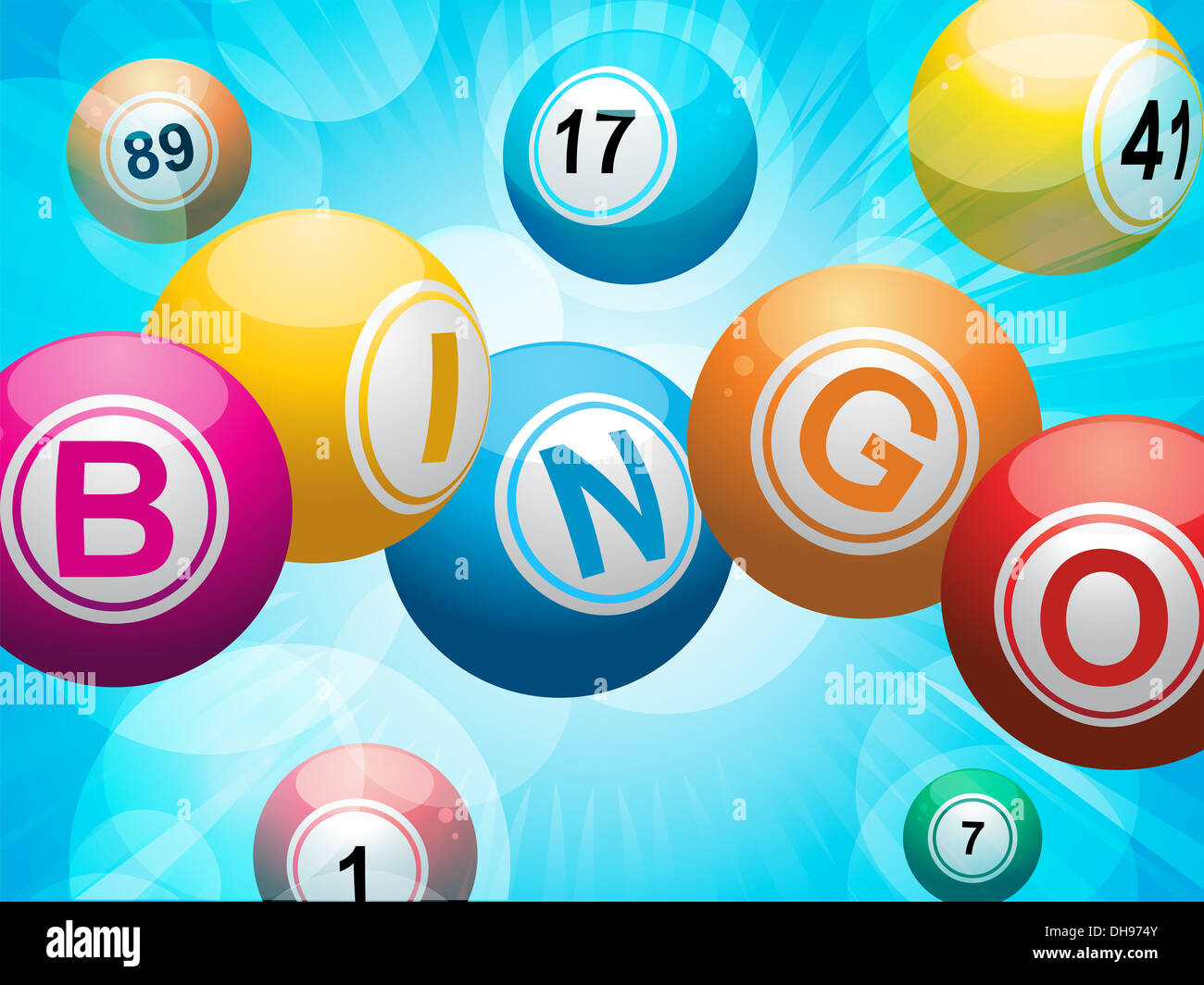 Bingo balls spelling the word 'bingo' on a glowing blue background ...