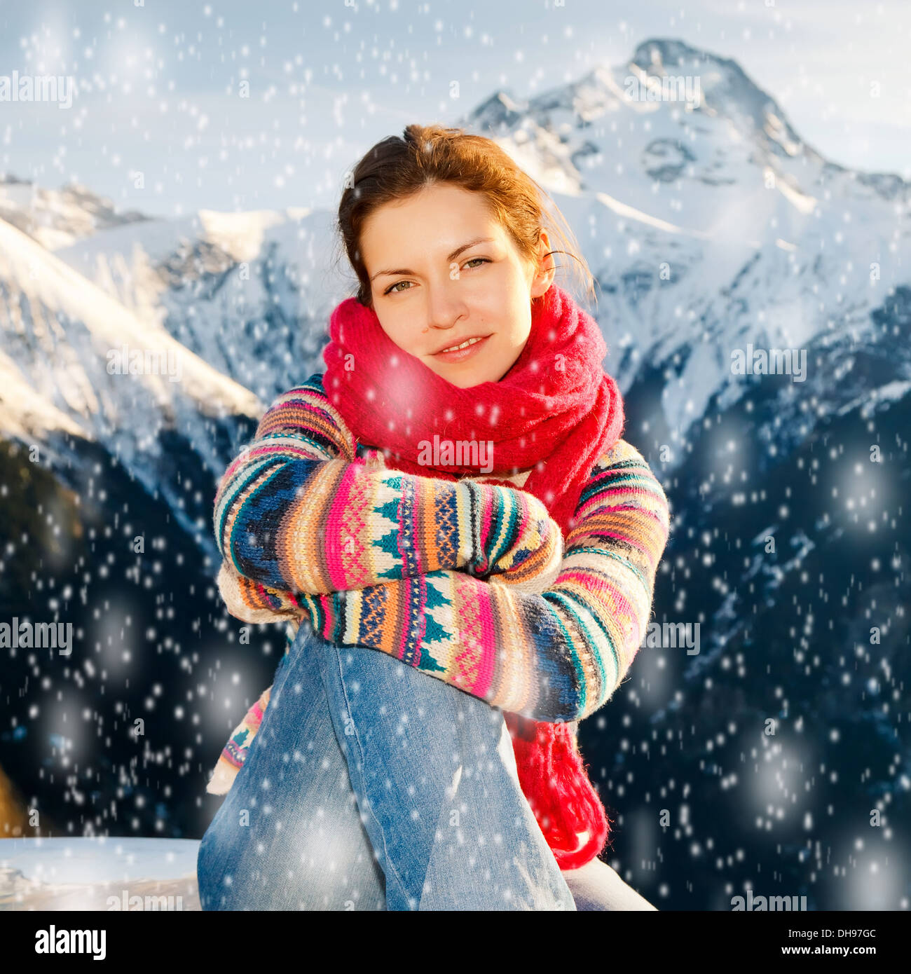 Attractive girl in snowy winter Alps Stock Photo - Alamy