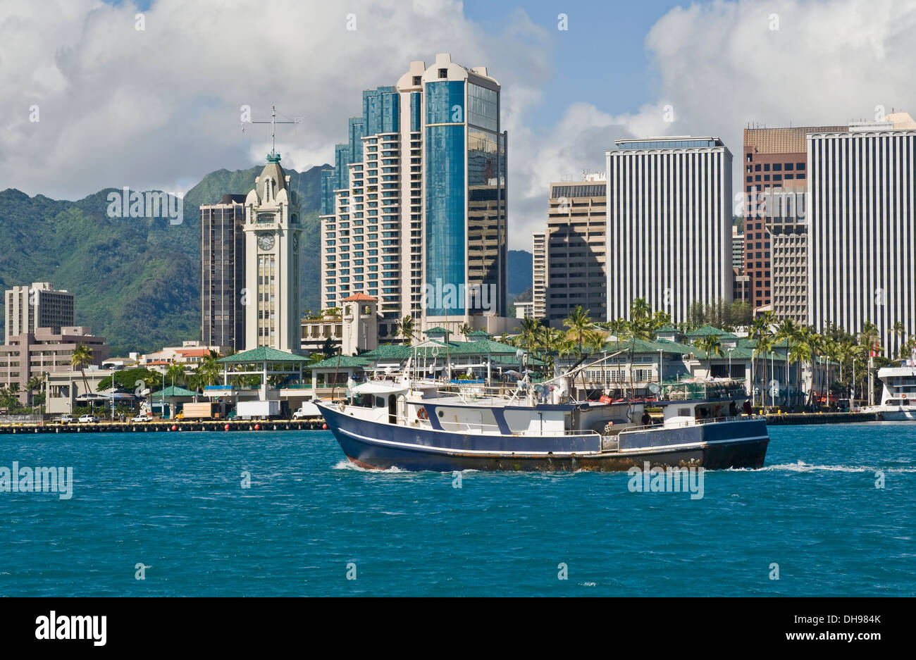 Hawaii, Oahu, Honolulu Harbor, View Of Cargo Ship, Aloha Tower And ...