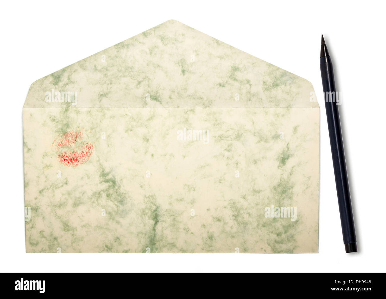 envelope with lipstick print and japanese pen, isolated on white Stock ...