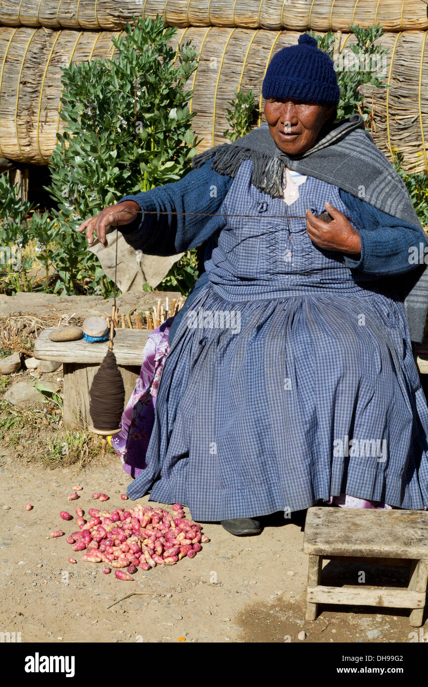 Aymara woman spinning wool, Huatajata, Titicaca Lake, Bolivia Stock ...
