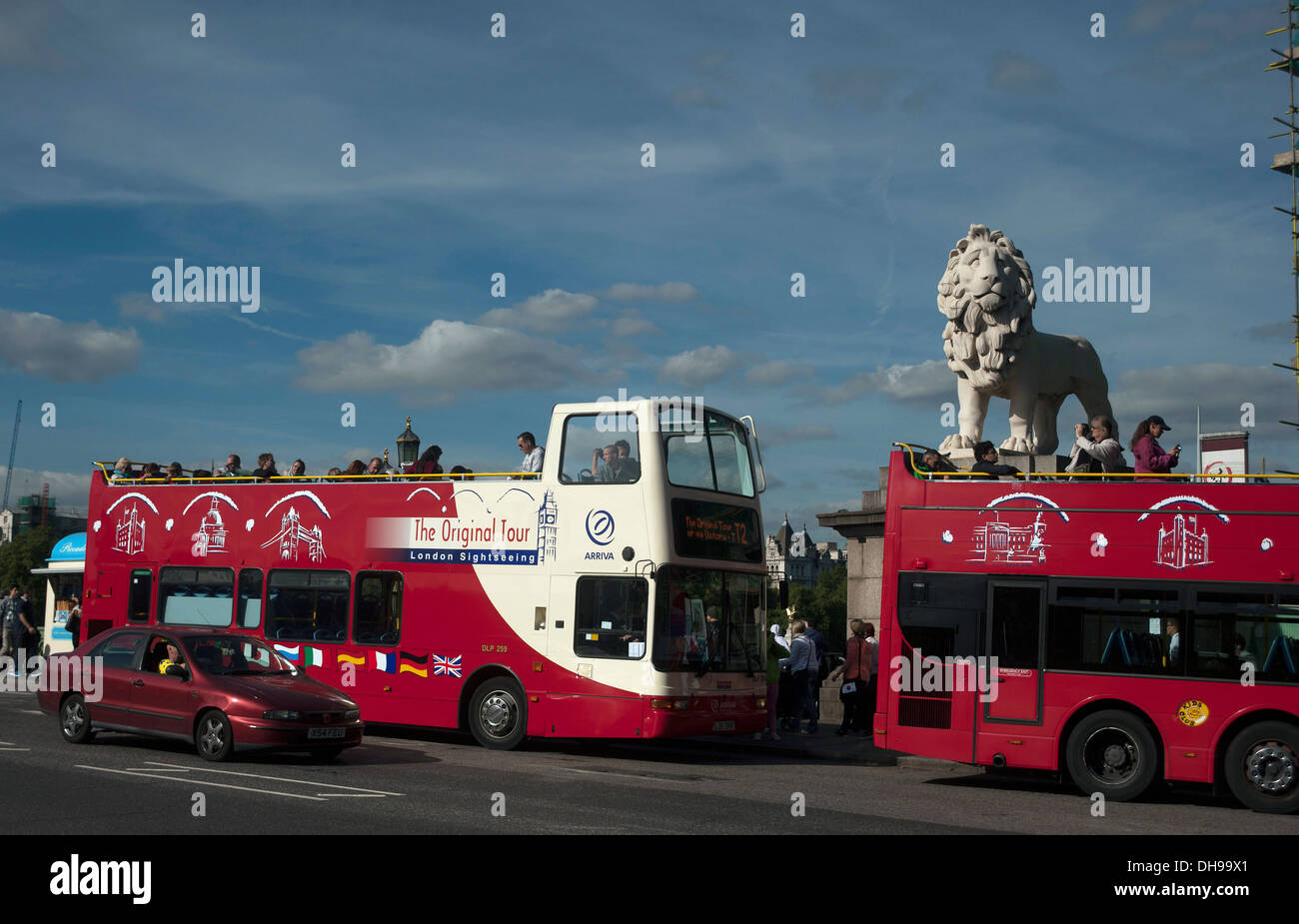 The South Bank Lion on Westminster Bridge looks out over London tourist ...
