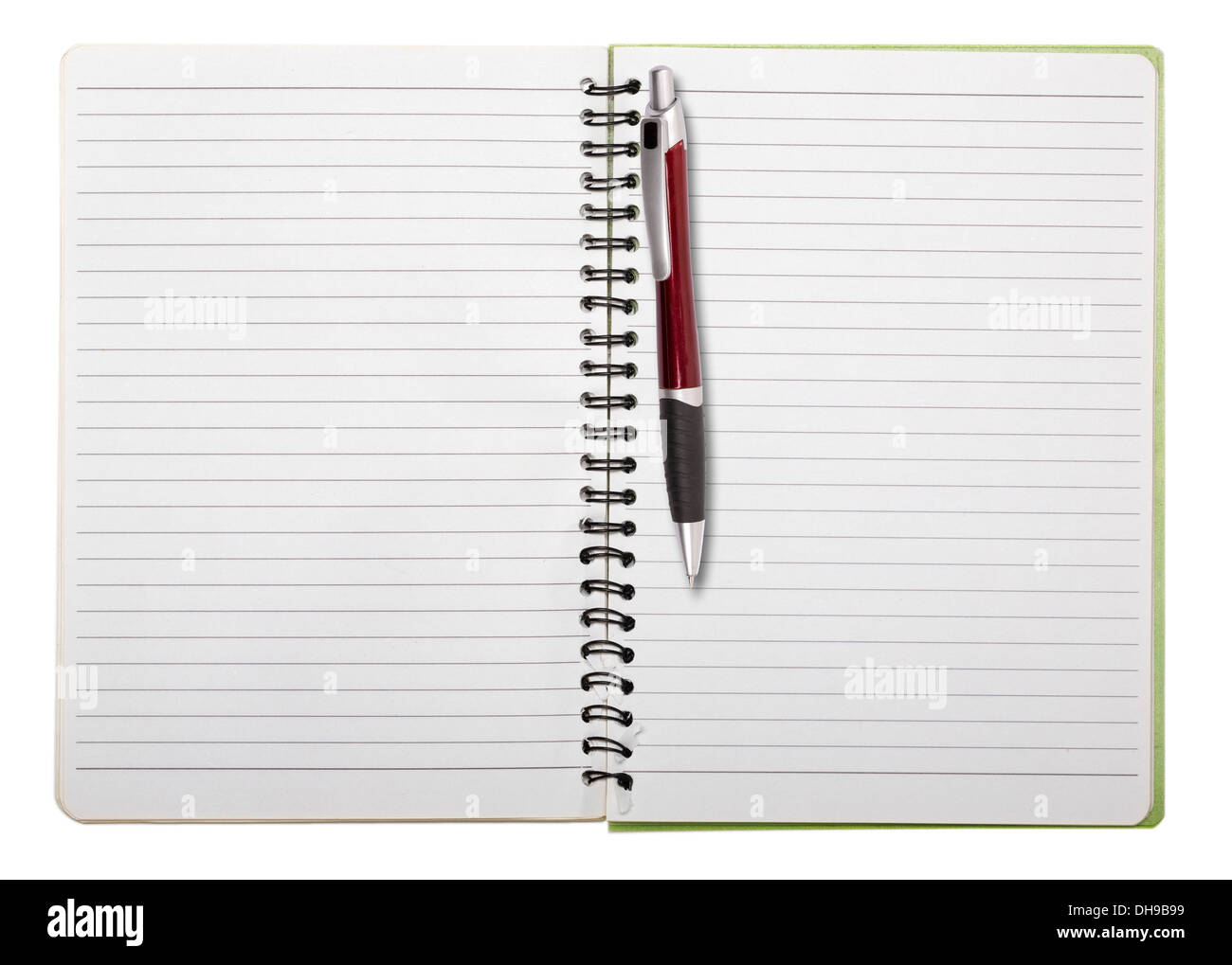 used blank note book with ring binder and ball pen, isolated on white ...
