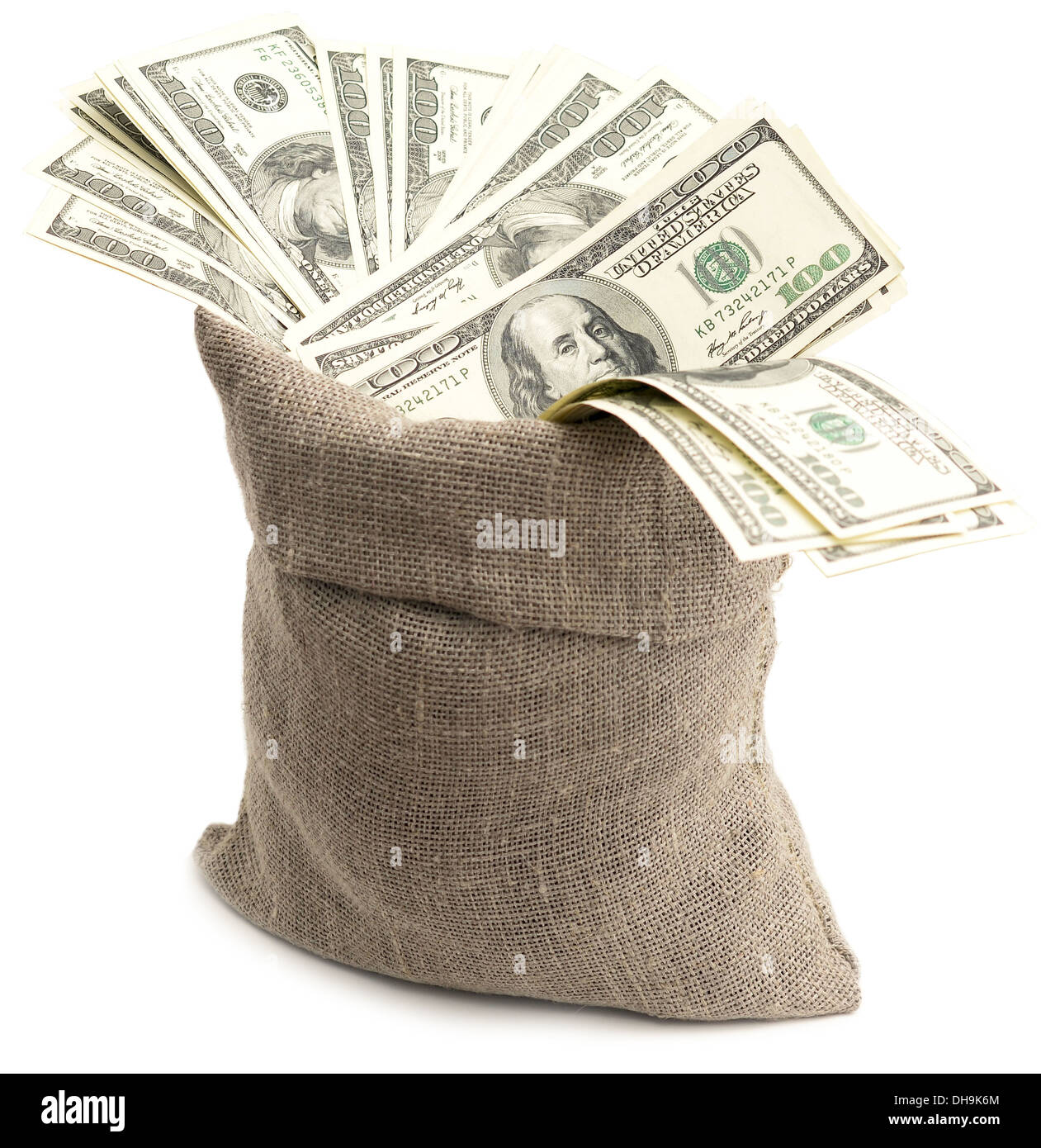 dollars in a burlap sack isolated on white background Stock Photo - Alamy