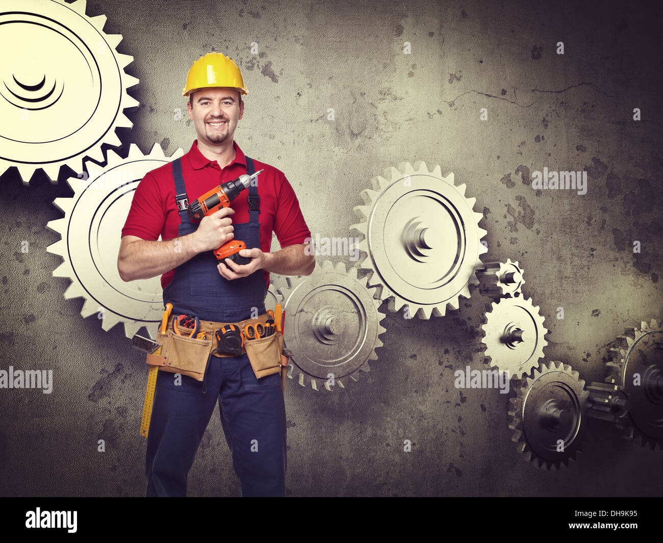 portrait of caucasian handyman and gear background Stock Photo - Alamy