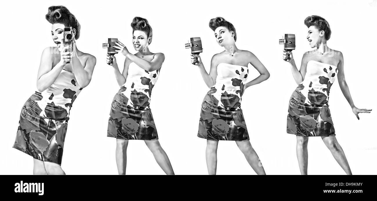 A white European woman age 20-25 photographed in a studio against a ...