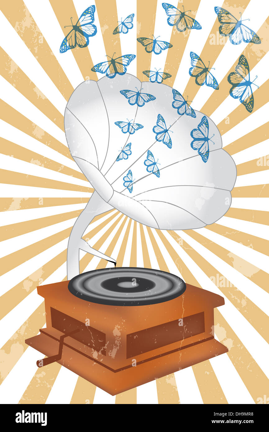 Retro music player poster with butterflies and record player Stock ...