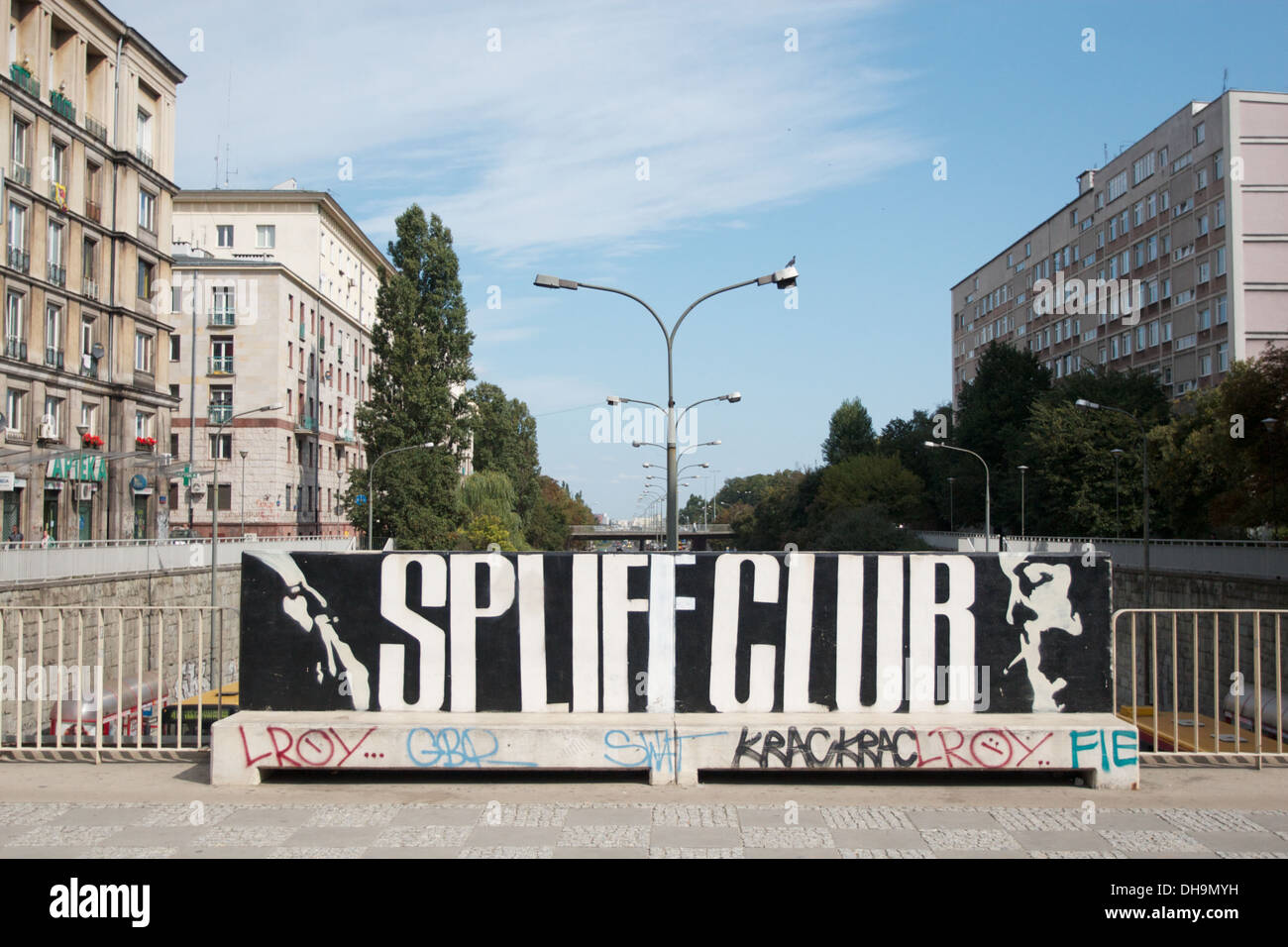 A graffiti sign reading 'Spliff Club' on an overpass bridge in Warsaw ...