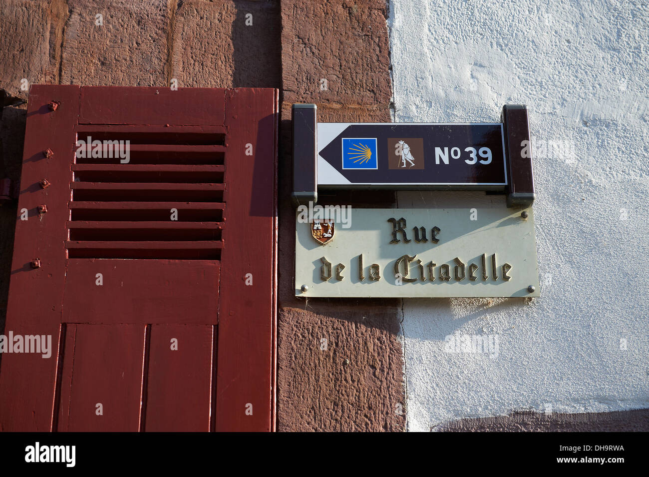 Sign for The Camino de Santiago in St Jean Pied de Port France showing ...