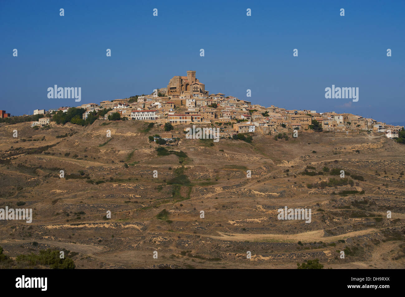 Church of Santa Maria on the skyline of Ujue, Navarra, Basque Country ...