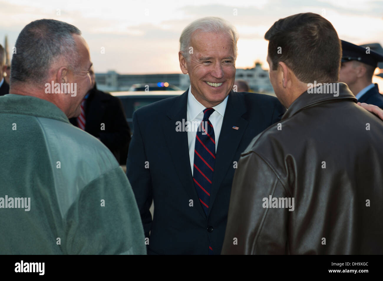 Vice President Joe Biden speeks with Base Commander Col. Jerome Gouhin ...