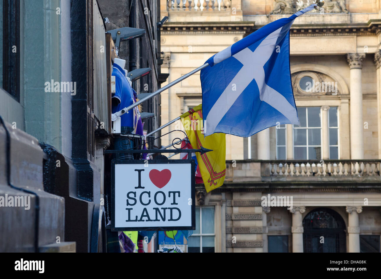 Scottish sign and flag outside shop in Edinburgh, Scotland Stock Photo ...