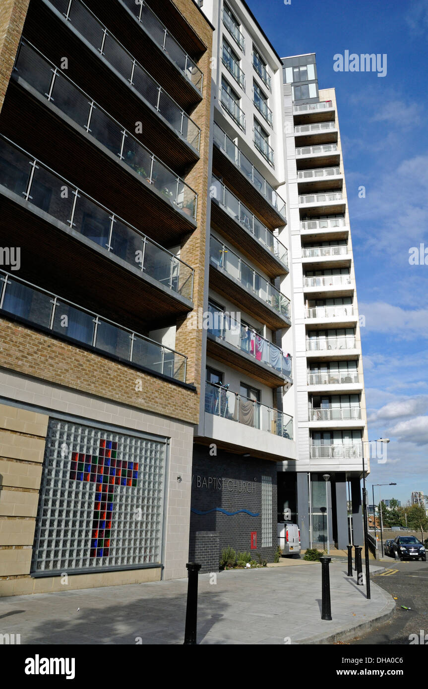 Bow Baptist Church with modern flats above, London Borough of Tower ...