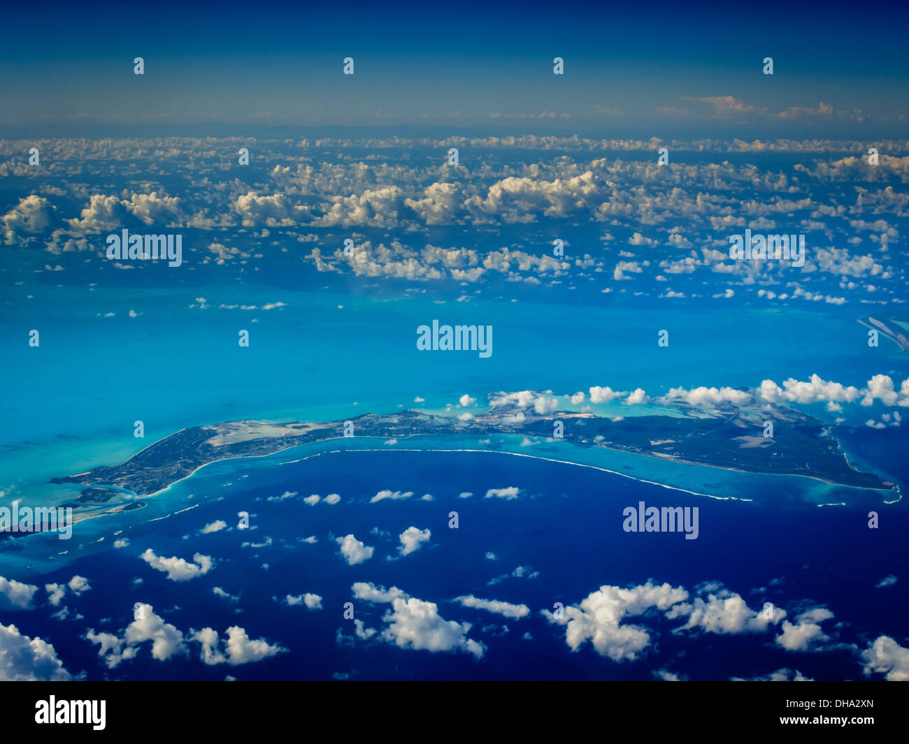 Aerial view of semi circle of Caribbean islands in bright turquoise ...