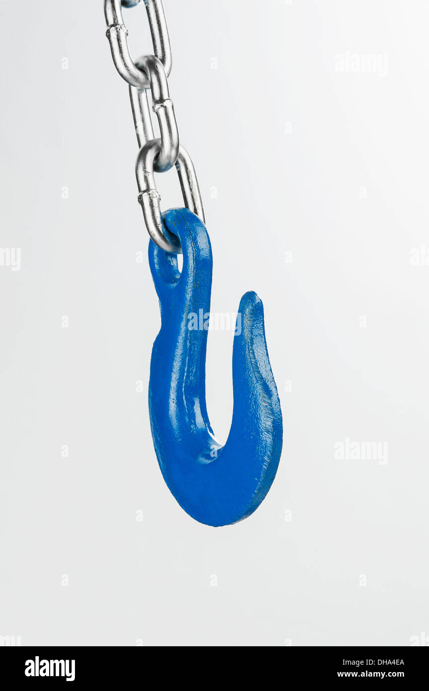 A Blue Hook On A Silver Chain On A White Background Stock Photo - Alamy