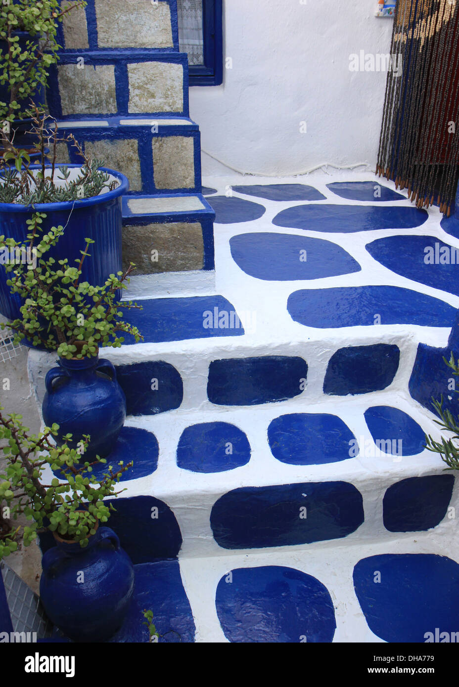 Traditional Blue and White Greek Steps with Flowers pots in Mykonos ...