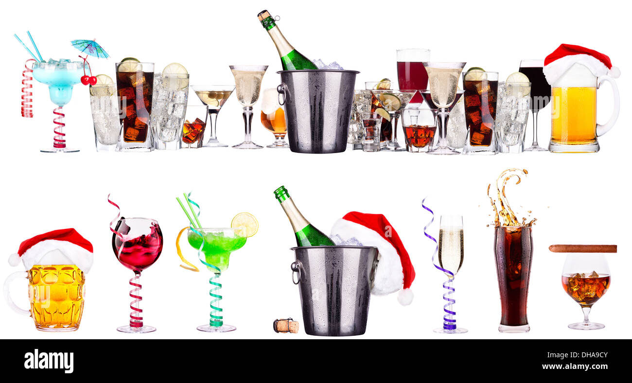 different images of alcohol - beer, martini, cola, champagne, wine ...