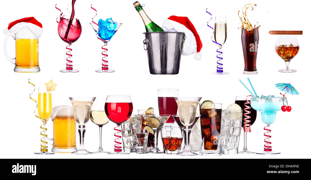 different images of alcohol - beer, martini, cola, champagne, wine ...
