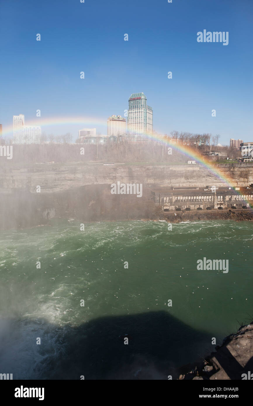 A Rainbow Over Niagara Falls And Gorge With Mist And Blue Sky; Niagara ...