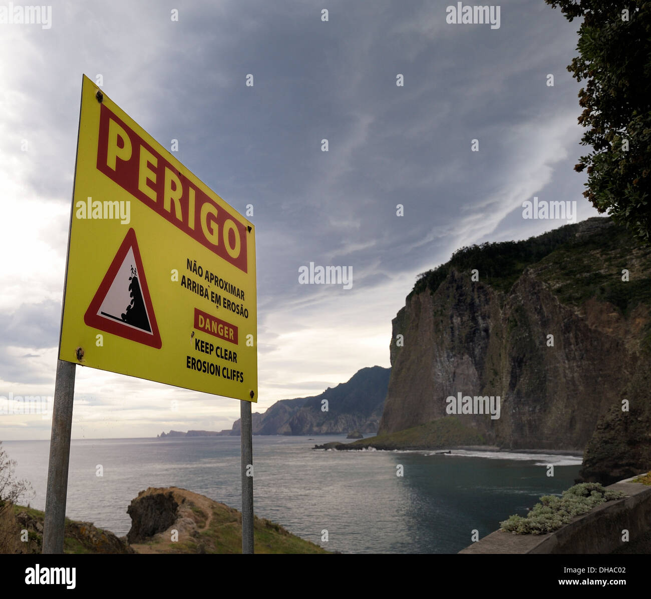 Madeira Portugal. A tourist warning sign. Danger keep clear of erosion ...