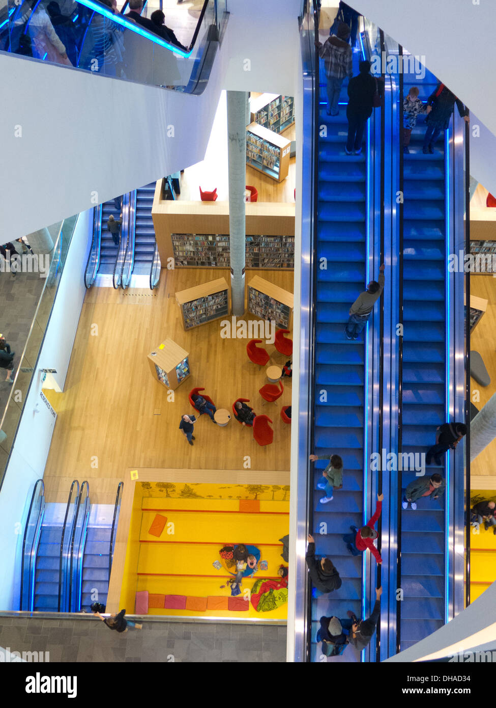 The blue neon escalators inside the new Birmingham city library Stock ...