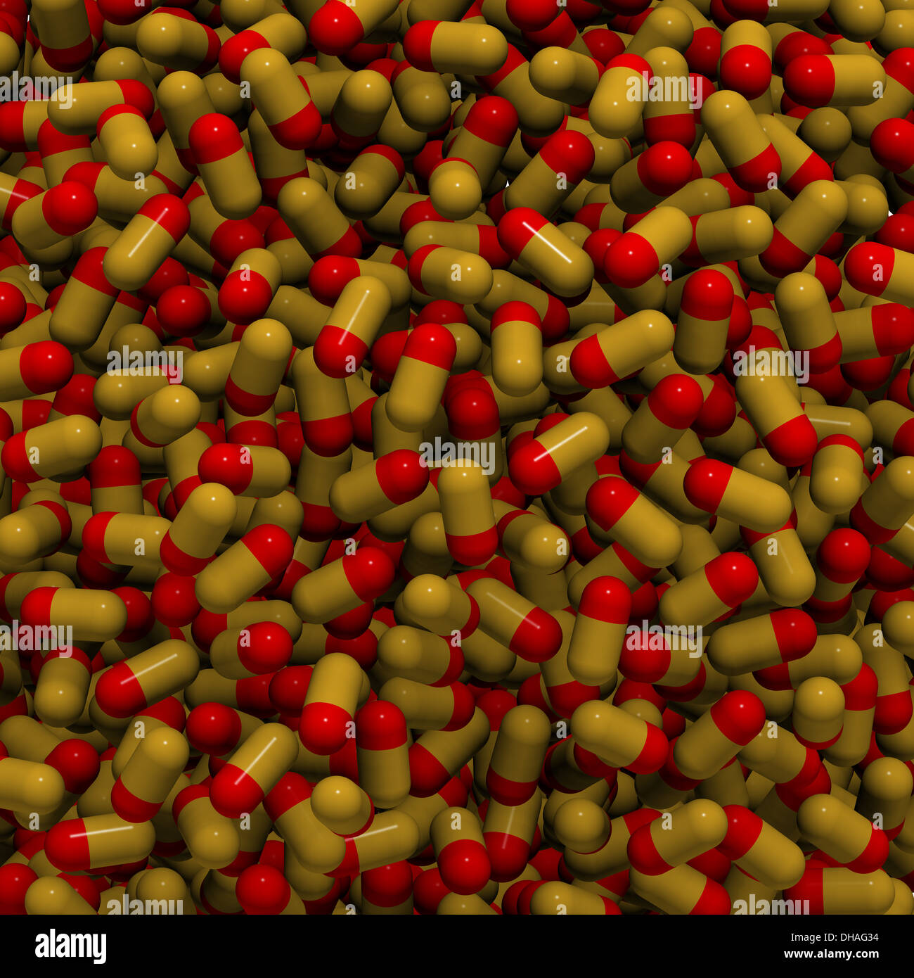 Two-piece capsules (pills). Rendering, red and yellow on white ...