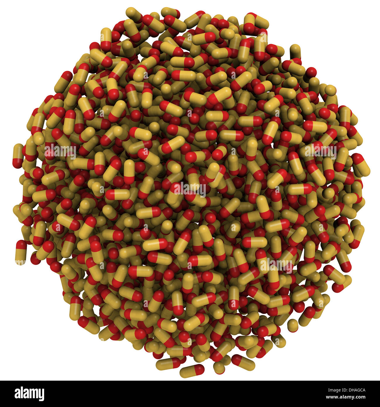 Two-piece capsules (pills), arranged in a sphere. Rendering, red and ...
