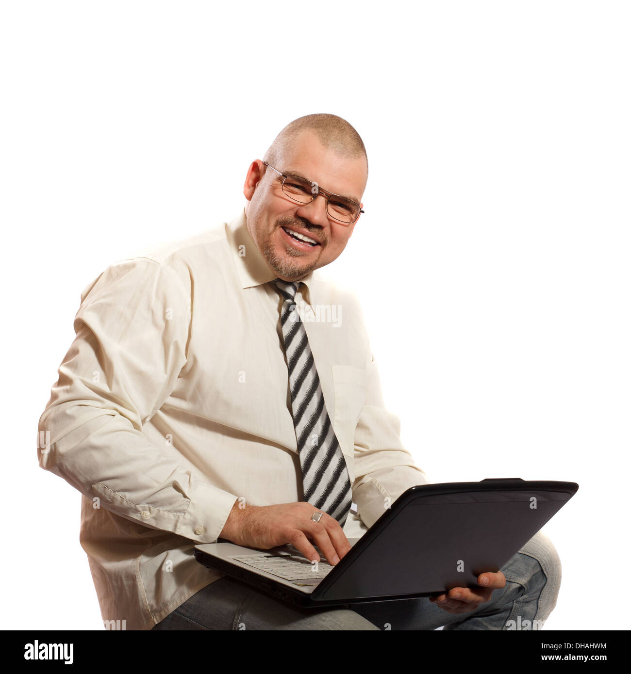 smiling man working on computer-on a white background Stock Photo - Alamy