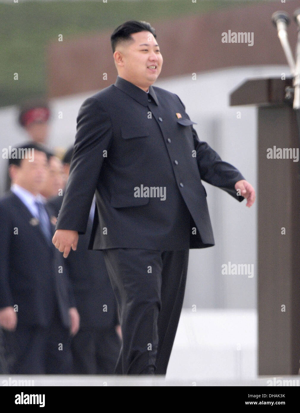 Supreme Leader of rth Korea Kim Jong Un attends an ceremony unveiling ...