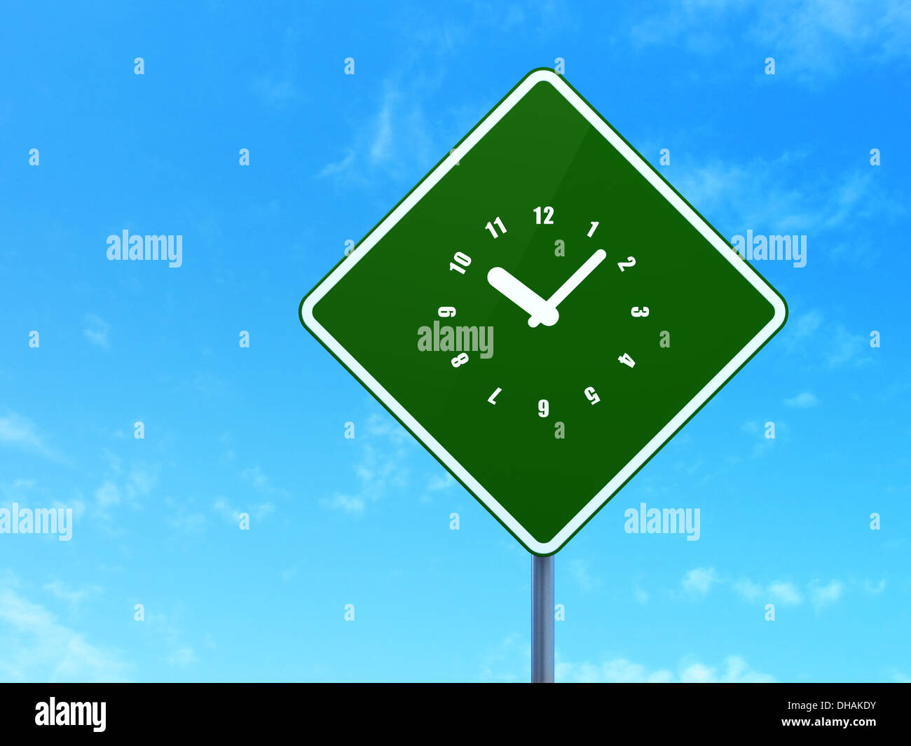 Timeline concept: Clock on road sign background Stock Photo - Alamy