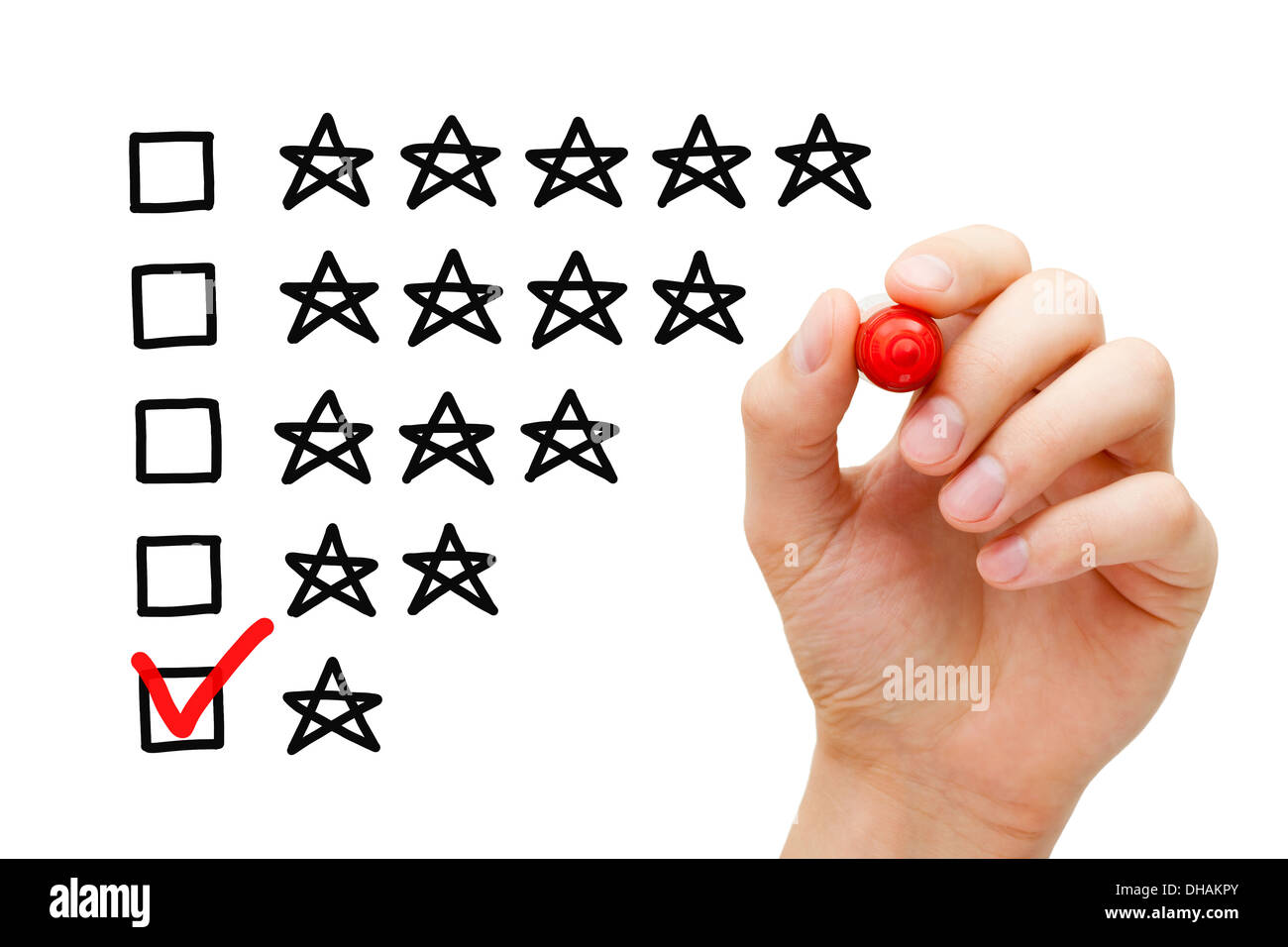 Hand putting check mark with red marker on poor one star rating Stock ...