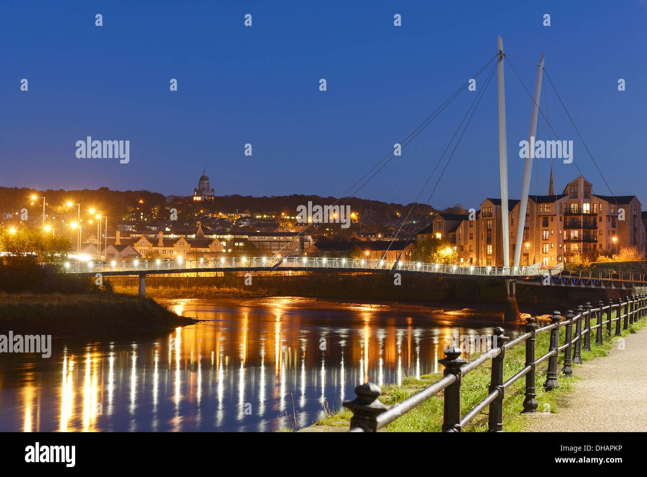 Lancaster city centre at dusk including the River Lune the Ashton ...