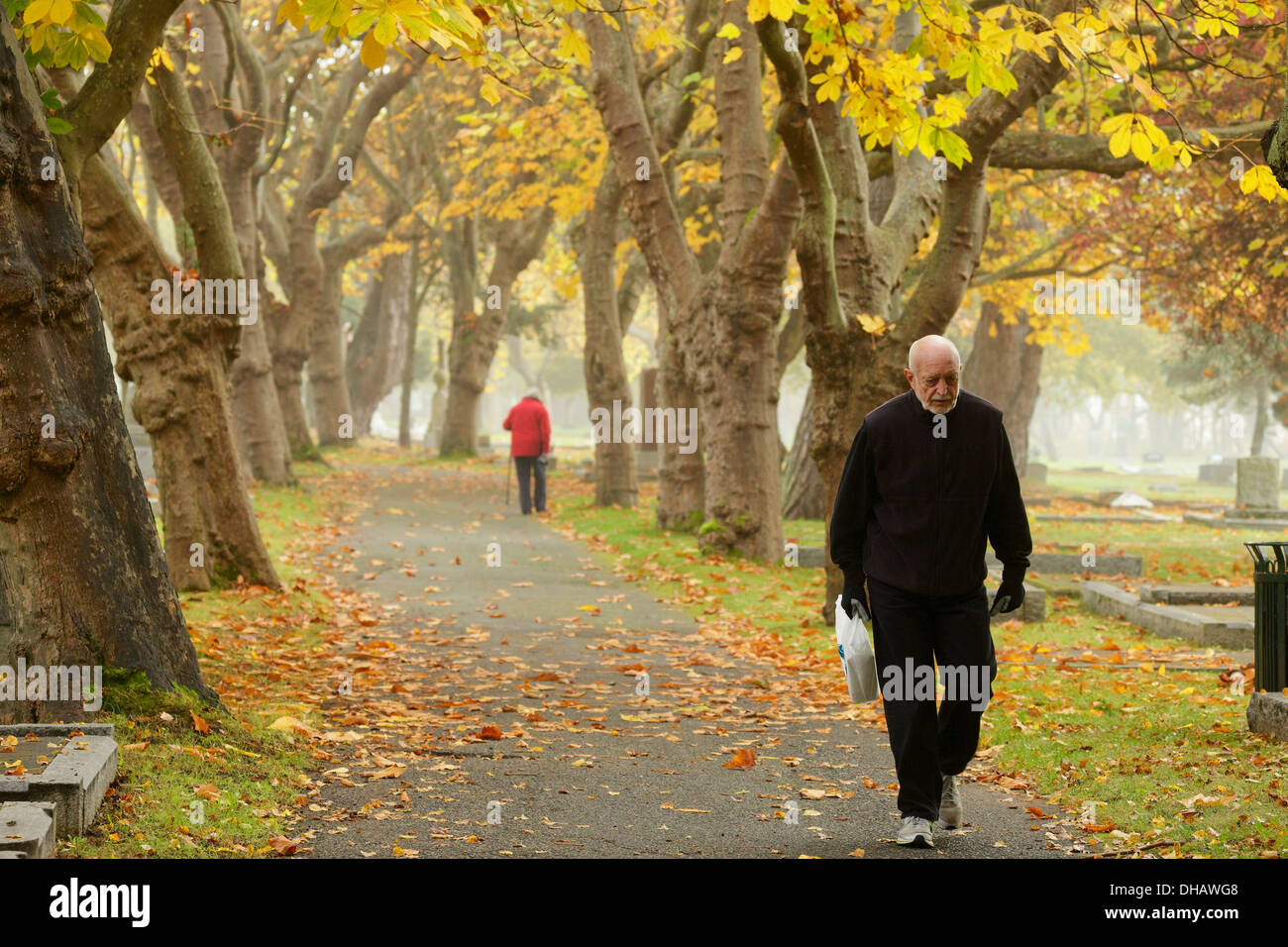 Elderly man and woman walking on path through Ross Bay cemetery in ...