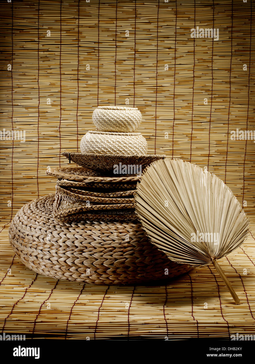 Chinese traditional bamboo mat, fan and cushion with floral pattern ...