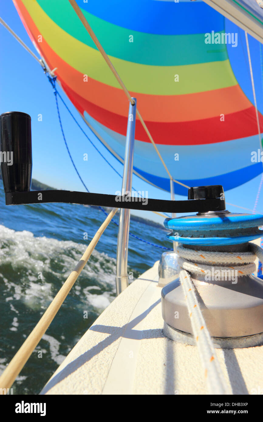 The wind has filled the spinnaker on sailing yacht. Detail of a ...