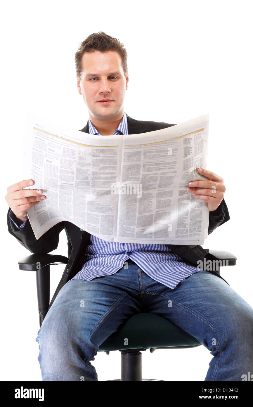 businessman sitting on chair reading a newspaper isolated on white ...