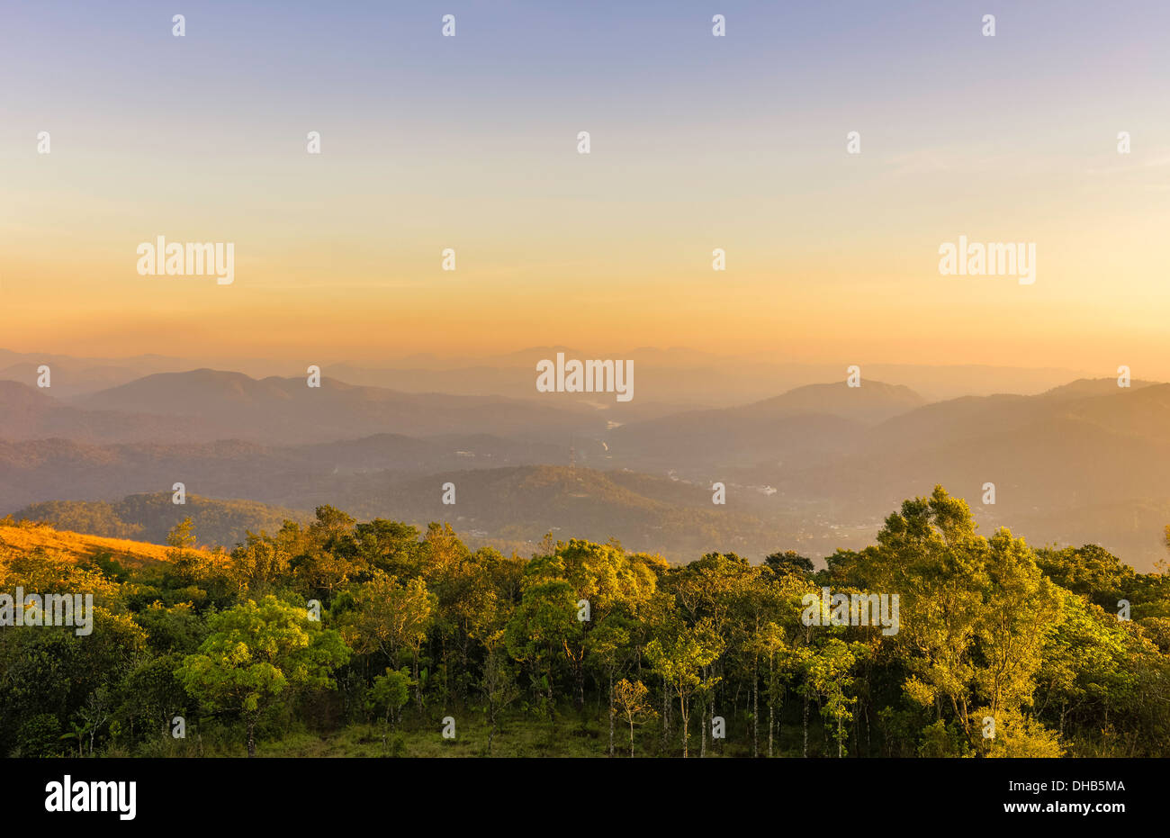 The cardamom Hills at sunset and the lake on the horizon at Periyar ...