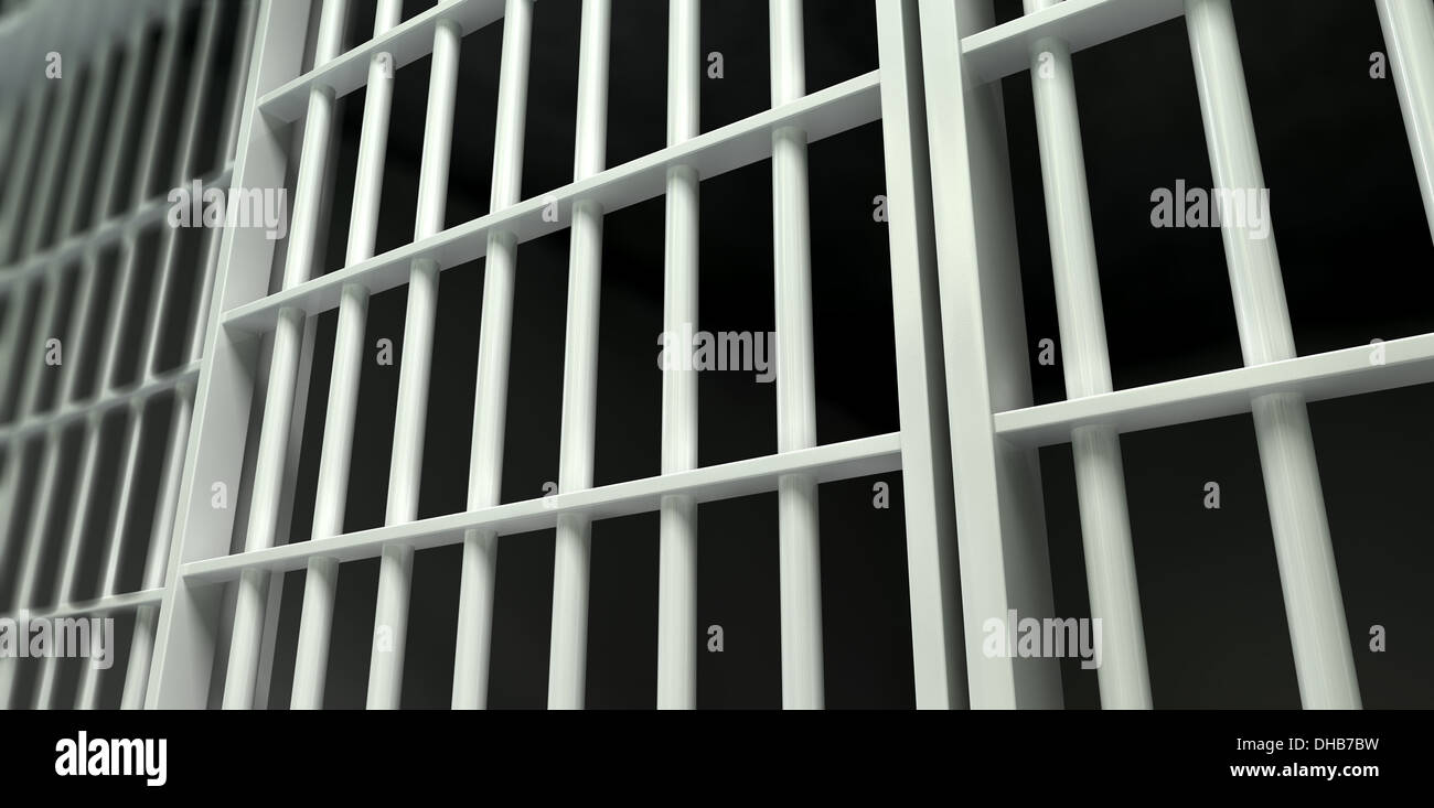 A perspective view of white iron jail cell bars and a closed sliding ...