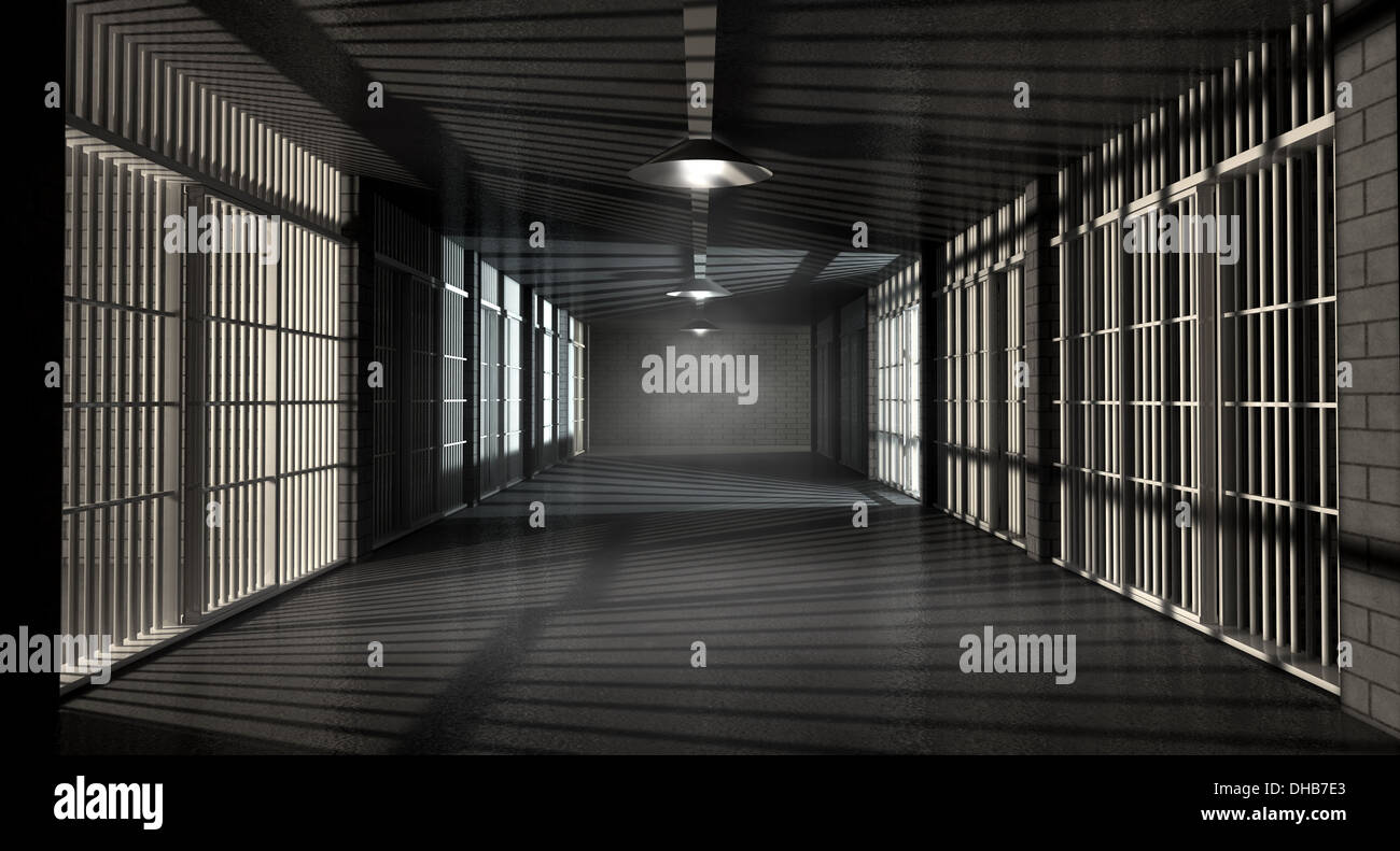 A corridor in a prison at night showing jail cells illuminated by ...