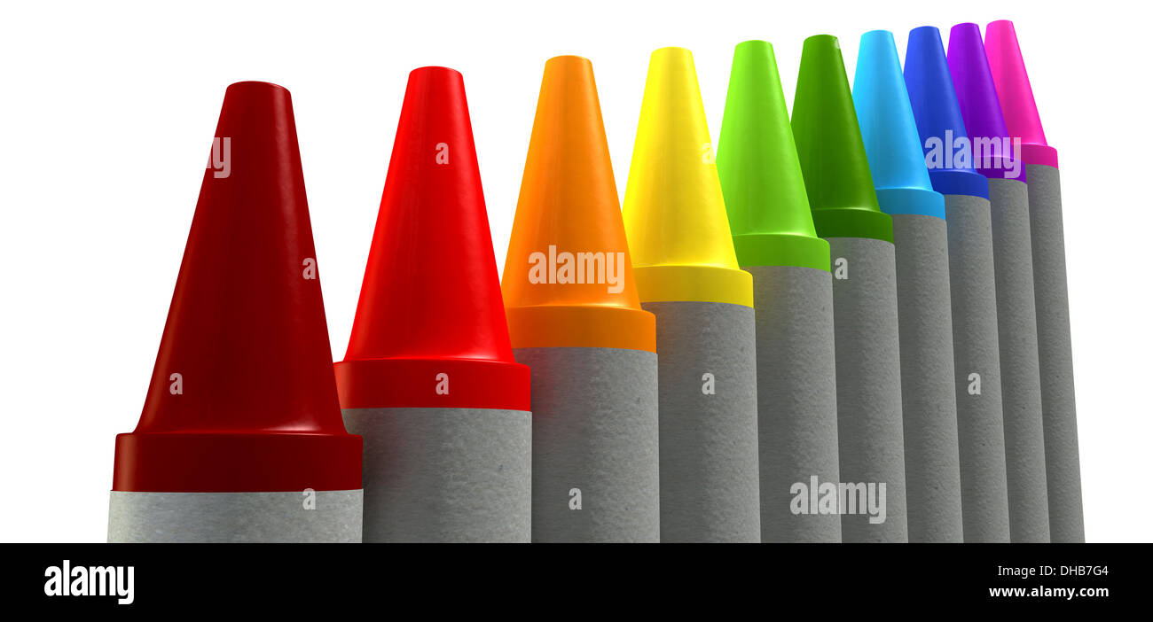 A spectrum of colorful wax crayons in a row on an isolated white ...