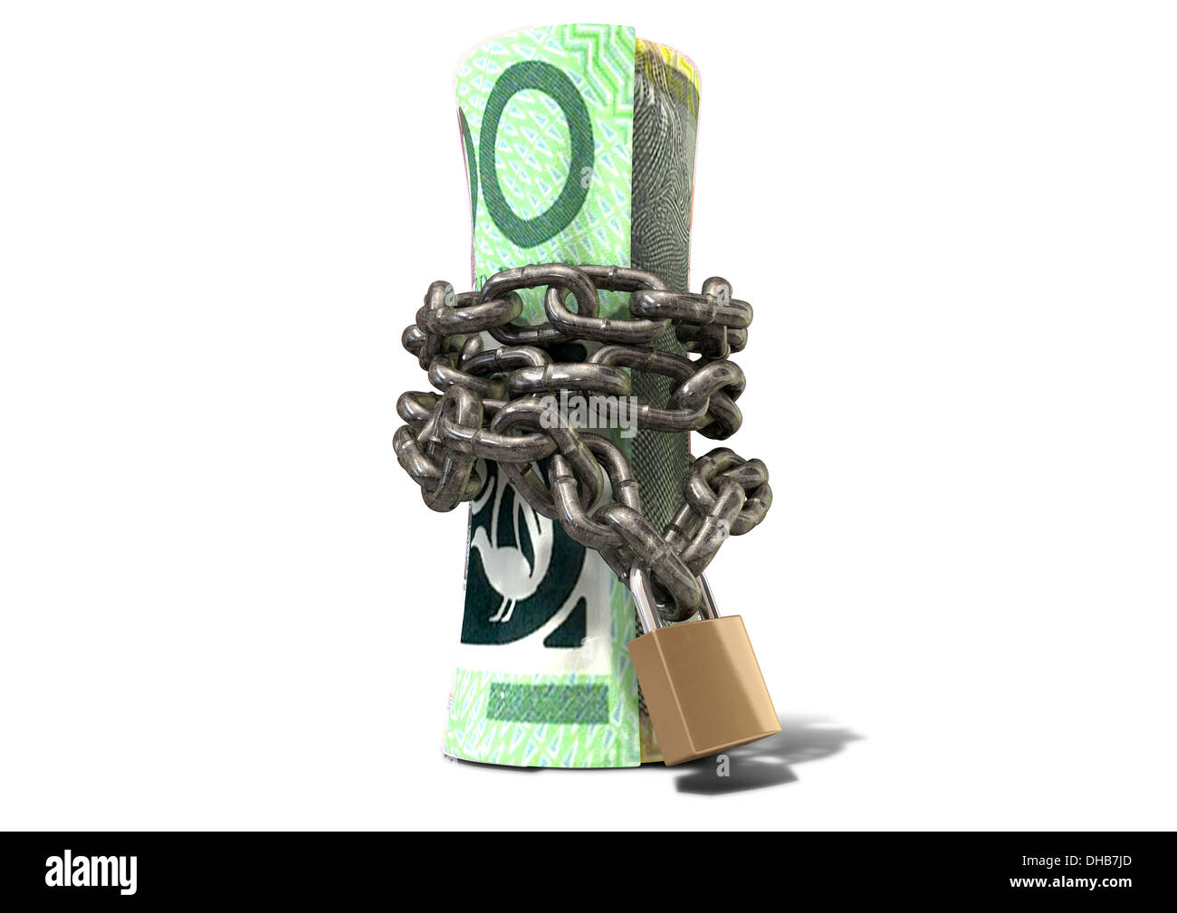 A rolled up australian dollar note wrapped with chains and secured with ...