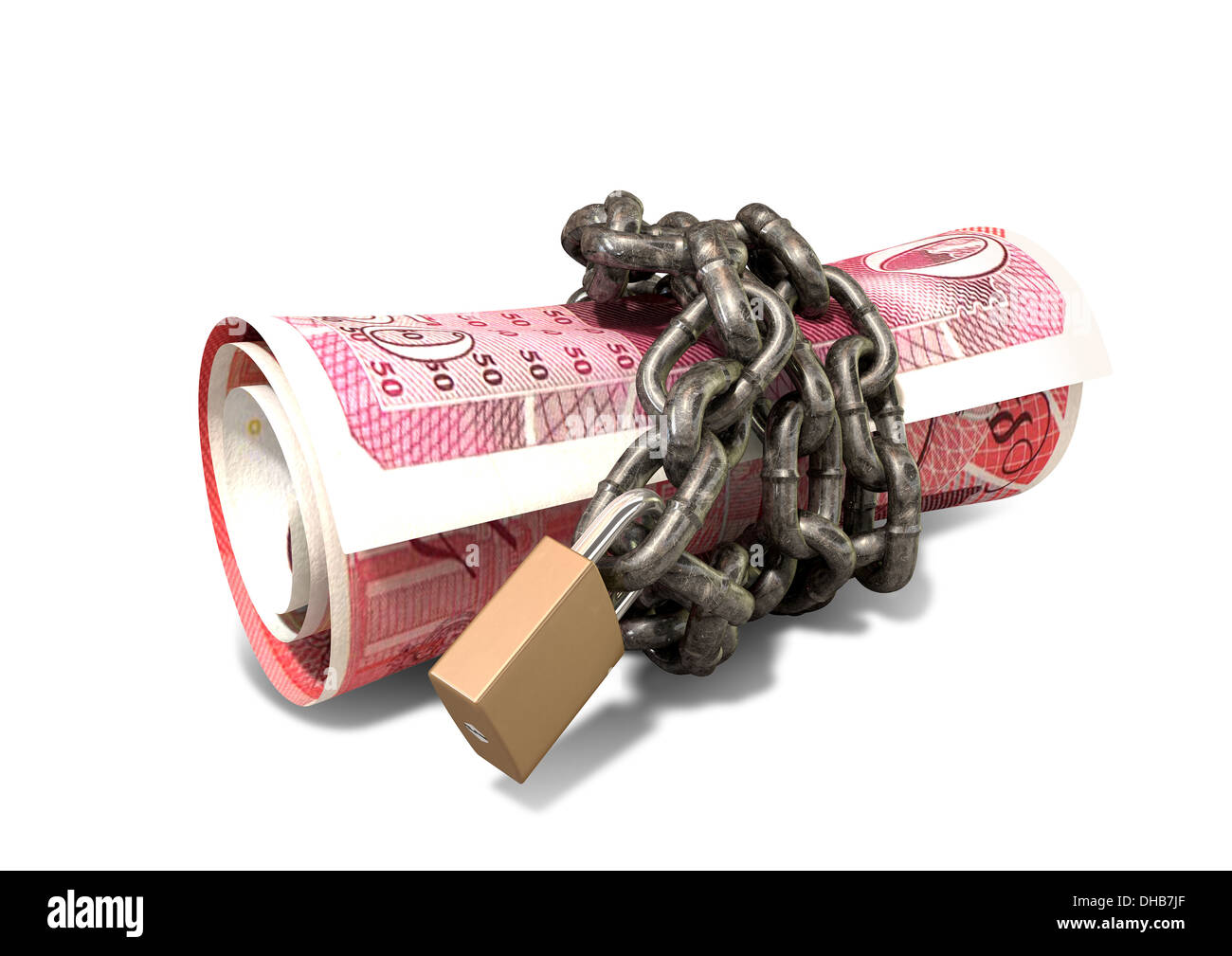 A rolled up british one hundred pound note wrapped with chains and ...