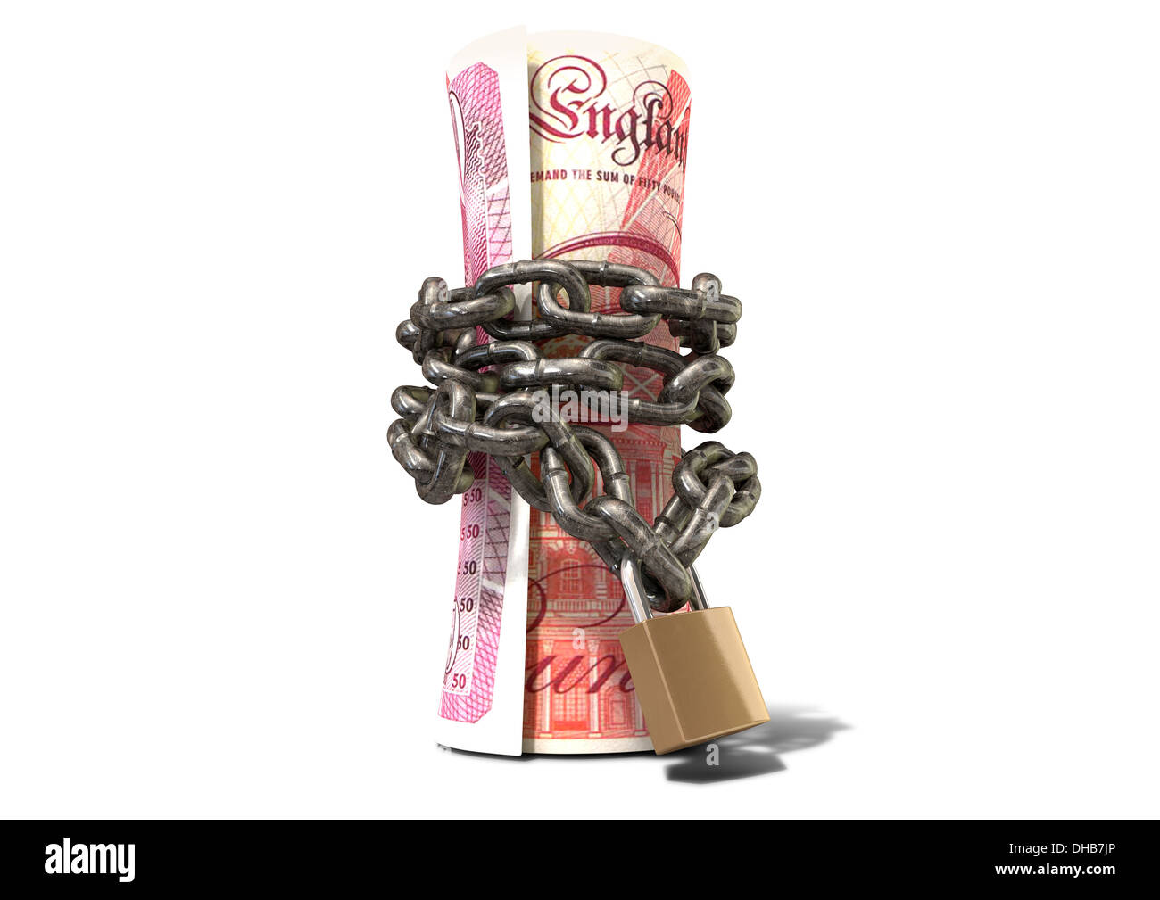 A rolled up british one hundred pound note wrapped with chains and ...