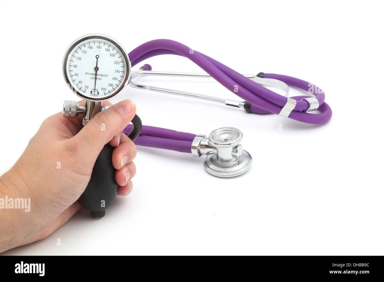 measurement of pressure and stethoscope isolated on white background ...